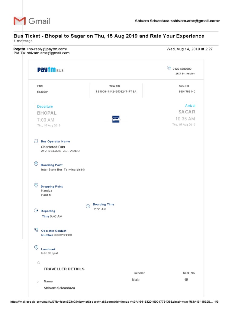 Gmail - Bus Ticket - Bhopal To Sagar On Thu, 15 Aug 2019 and Rate Your ...
