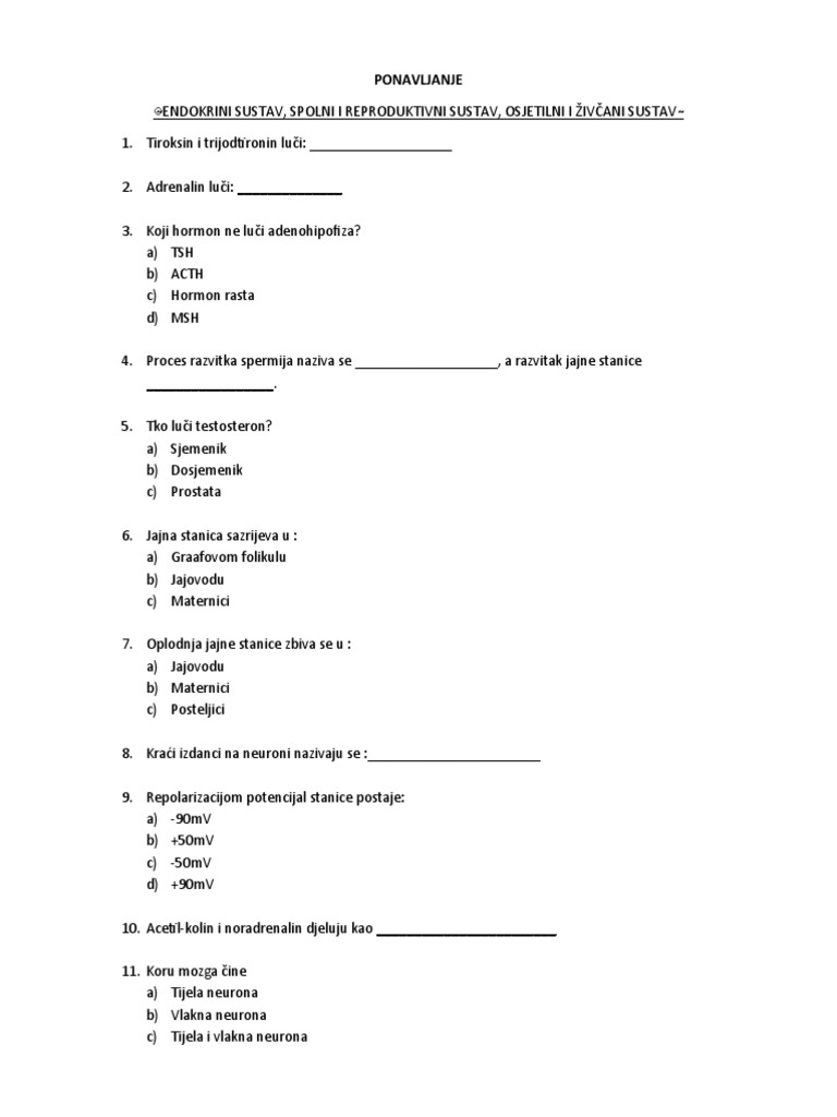 BIOLOGIJA PONAVLJANJE (Endokrini, Spolni I Reproduktivni, Osjetilni I ...