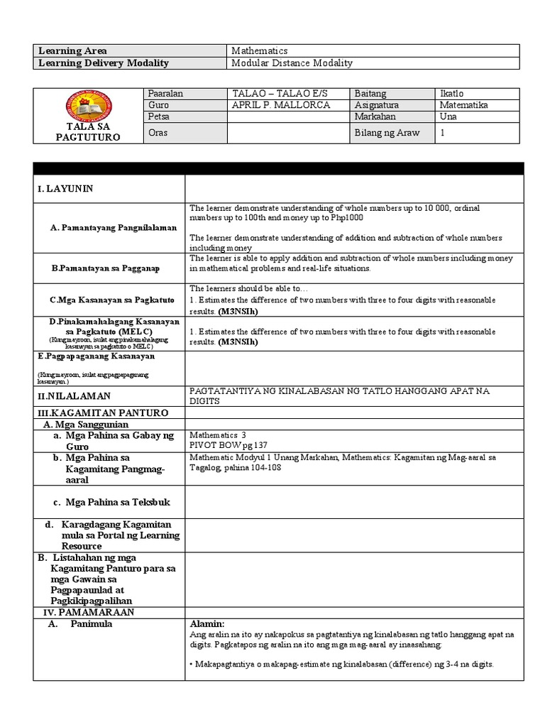Lesson Exemplar Math 3 Lesson 17 Week 7 Angelica April Mallorca | PDF