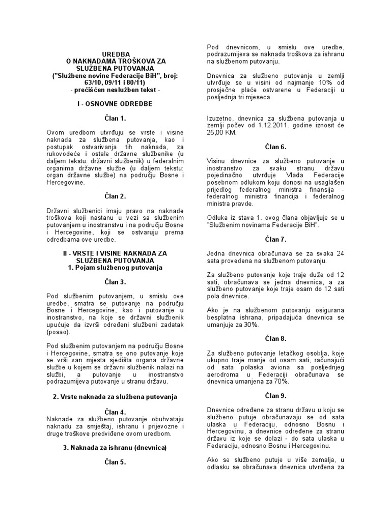 Uredba o Naknadama Troskova Za Sluzbena Putovanja - Ispravan Tekst 1 | PDF