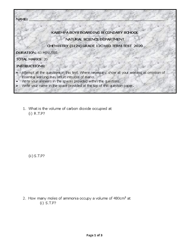 Chemistry (5124) Grade 12C Test One 2020 | PDF | Carbon Dioxide ...