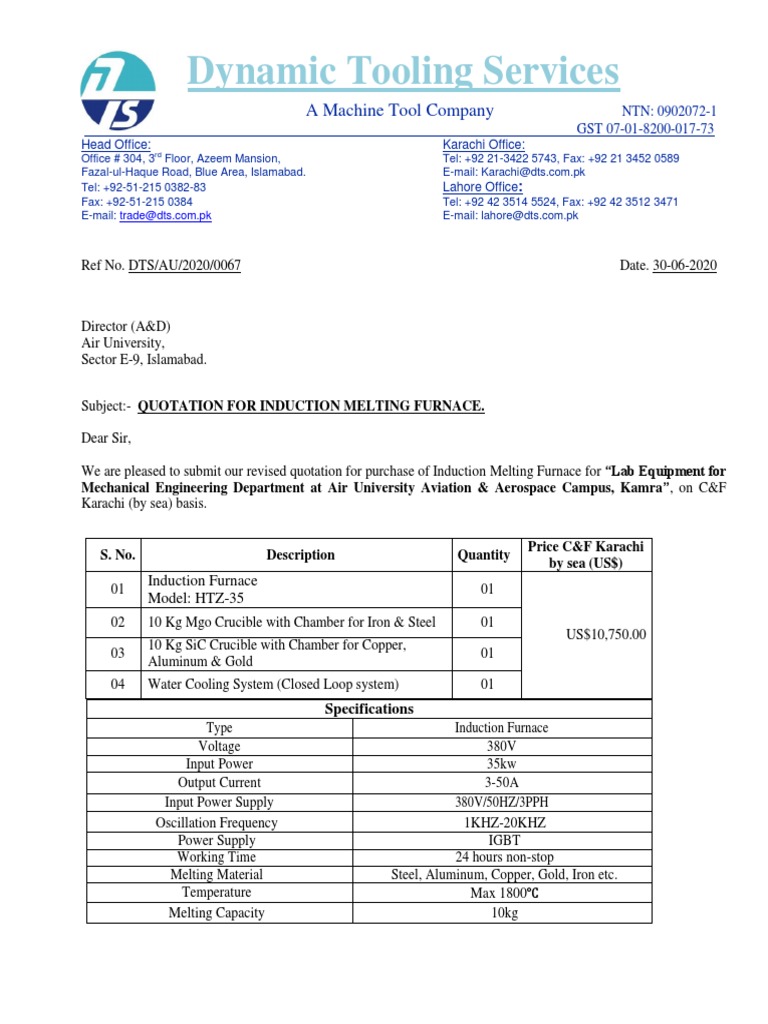 Induction Melting Furnace Quotation 010720 | PDF | Power Supply ...