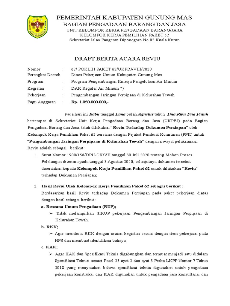 Draft Berita Acara Reviu Paket 62 | PDF