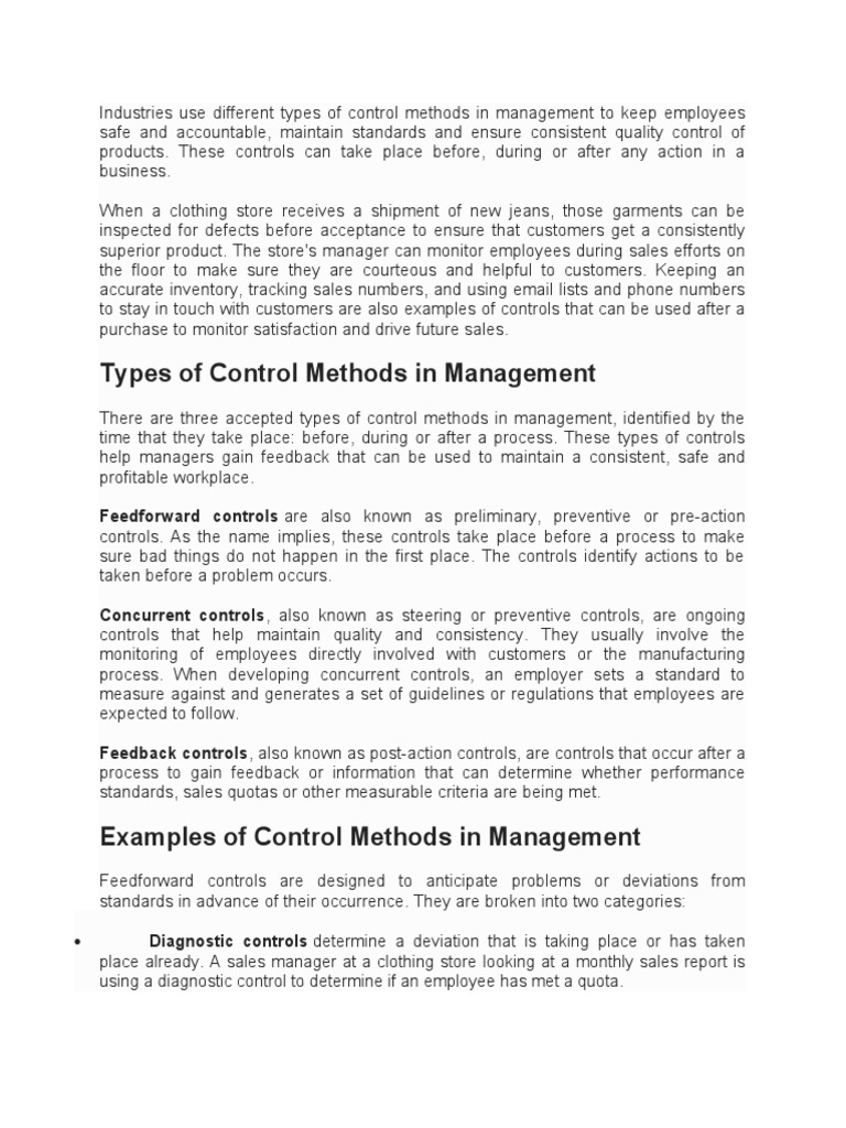 Types of Control Methods in Management | PDF | Sales | Employment