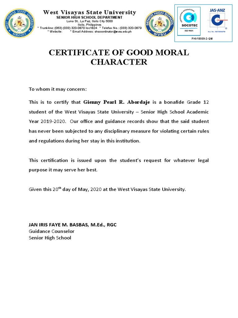 Certificate of Good Moral Character: West Visayas State University ...