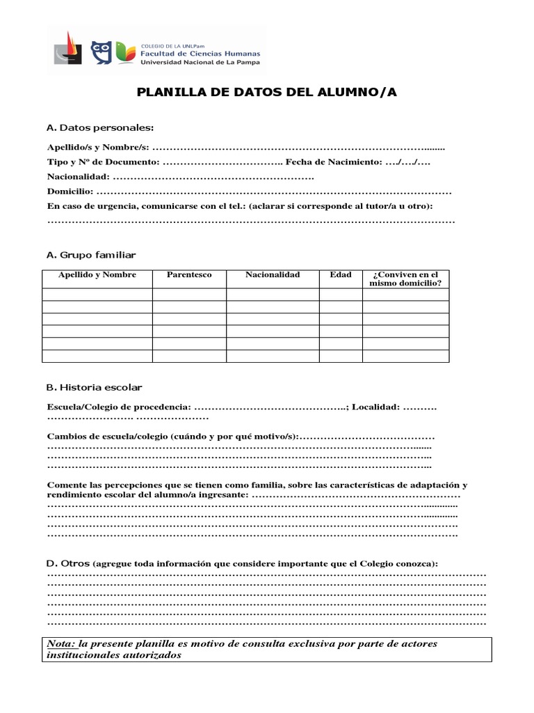 Planilla Datos Del Alumno | PDF