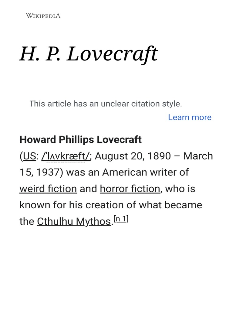 H. P. Lovecraft - Wikipedia | PDF | H. P. Lovecraft | Cthulhu Mythos