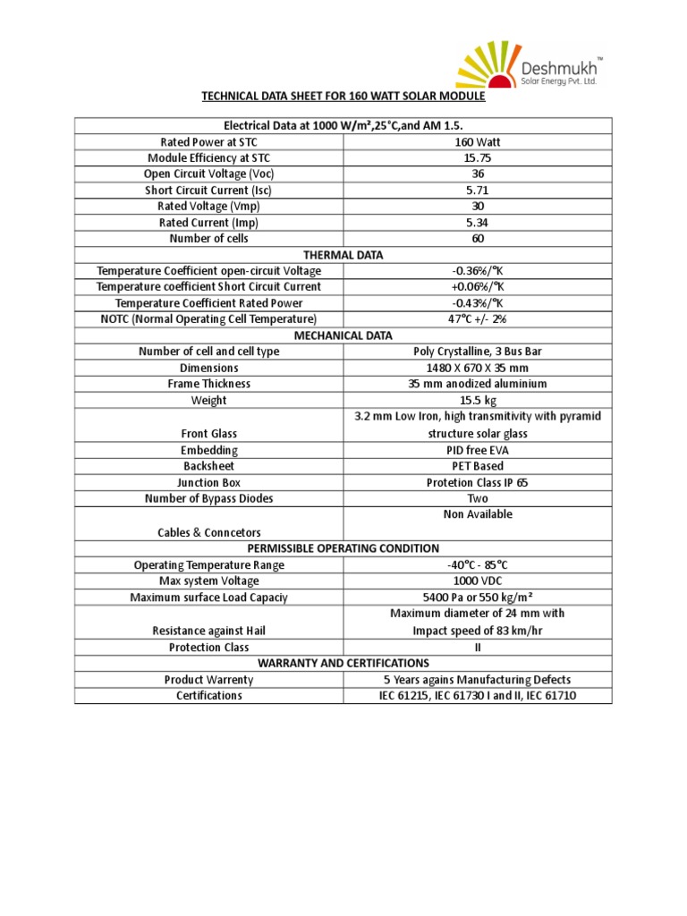 160 Watt Solar Module Specifications | PDF | Solar Panel | Electricity