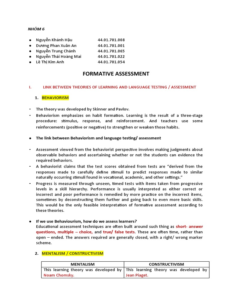Formative Assessment I Link Between Theories Of Learning And Language