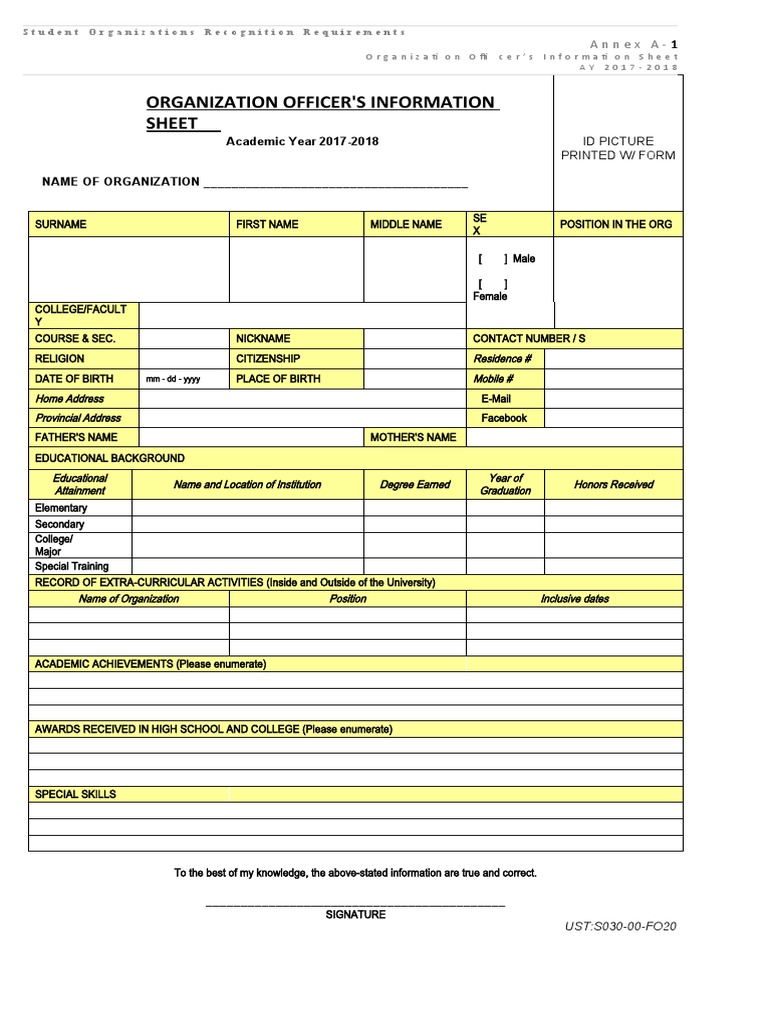 Organization Officer'S Information Sheet: Academic Year 2017-2018 | PDF ...