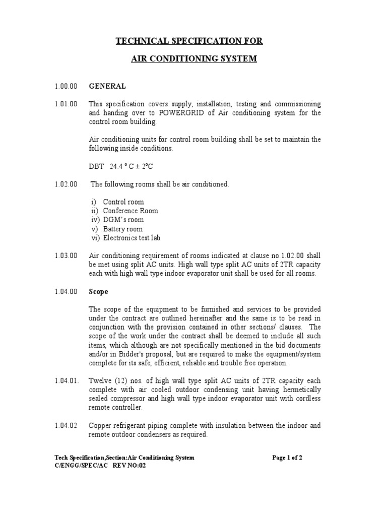 Technical Specification For Air Conditioning System: General | PDF ...