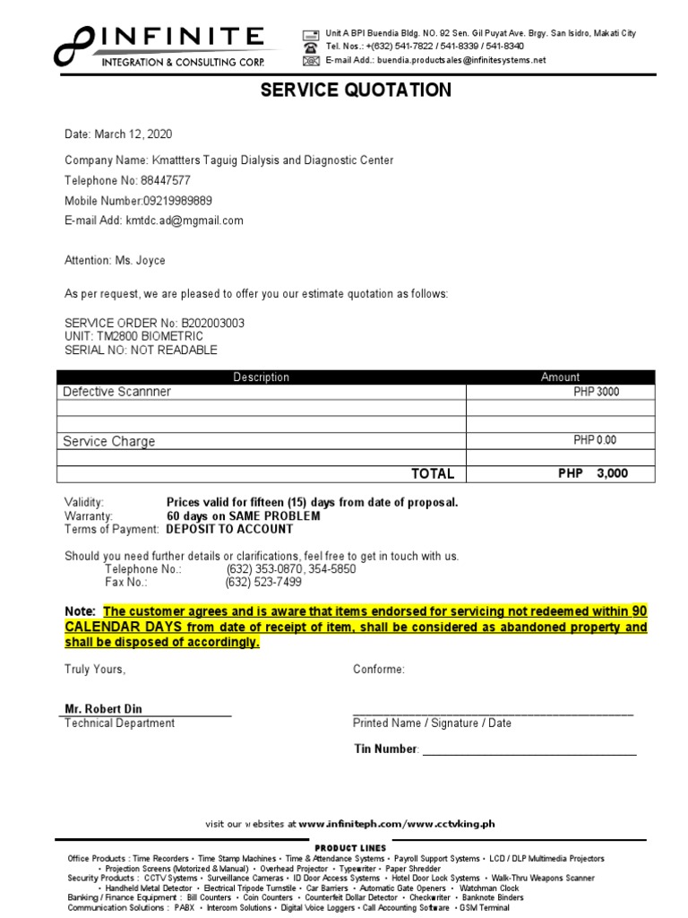 Service Quotation for Biometric Scanner Repair and Maintenance | PDF ...