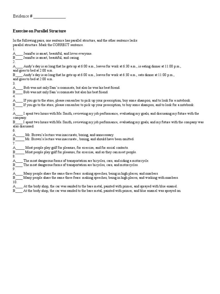 Evidence # - : Exercise On Parallel Structure | PDF | Sentence ...