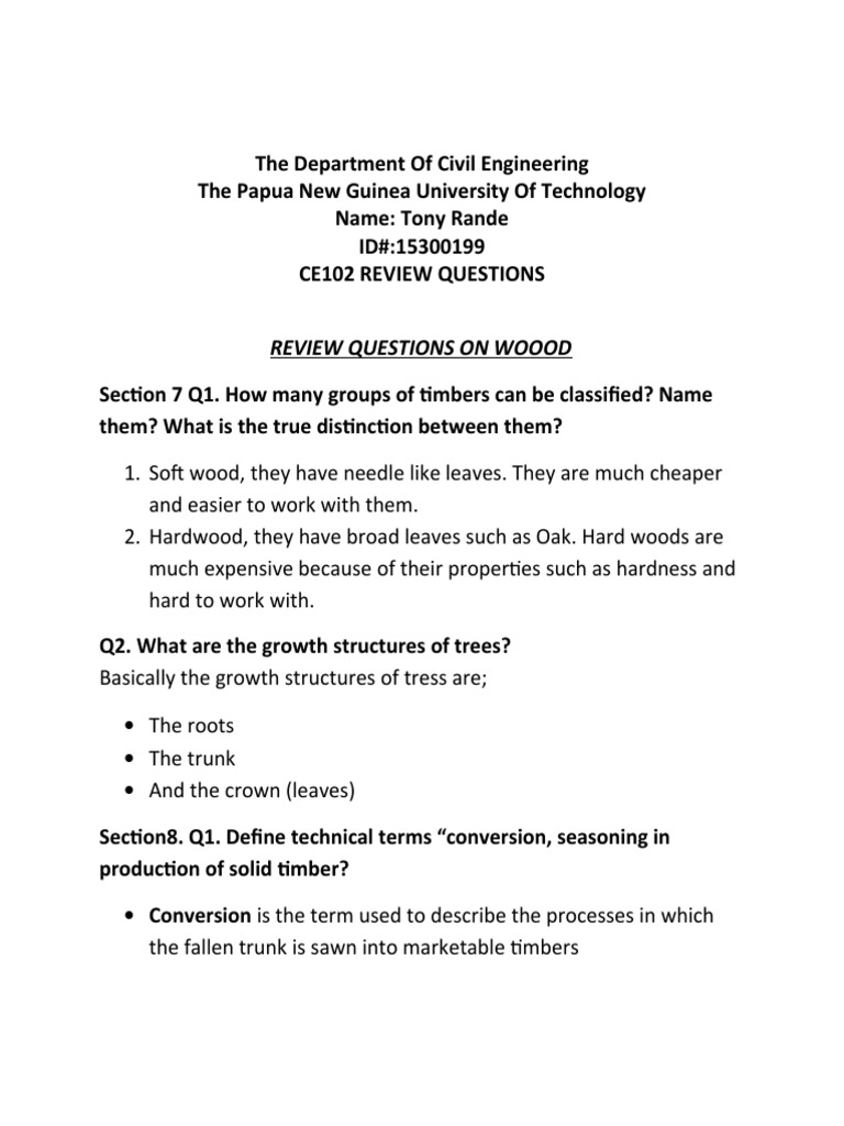 Review Questions On Wood | PDF | Lumber | Wood