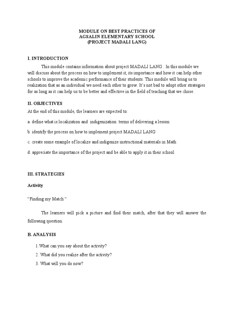 MODULE ON BEST PRACTICES OF Agsalin | PDF | Teachers | Learning