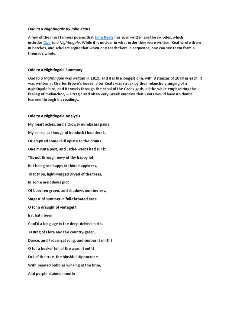 Ode To A Nightingale by John Keats | PDF | John Keats