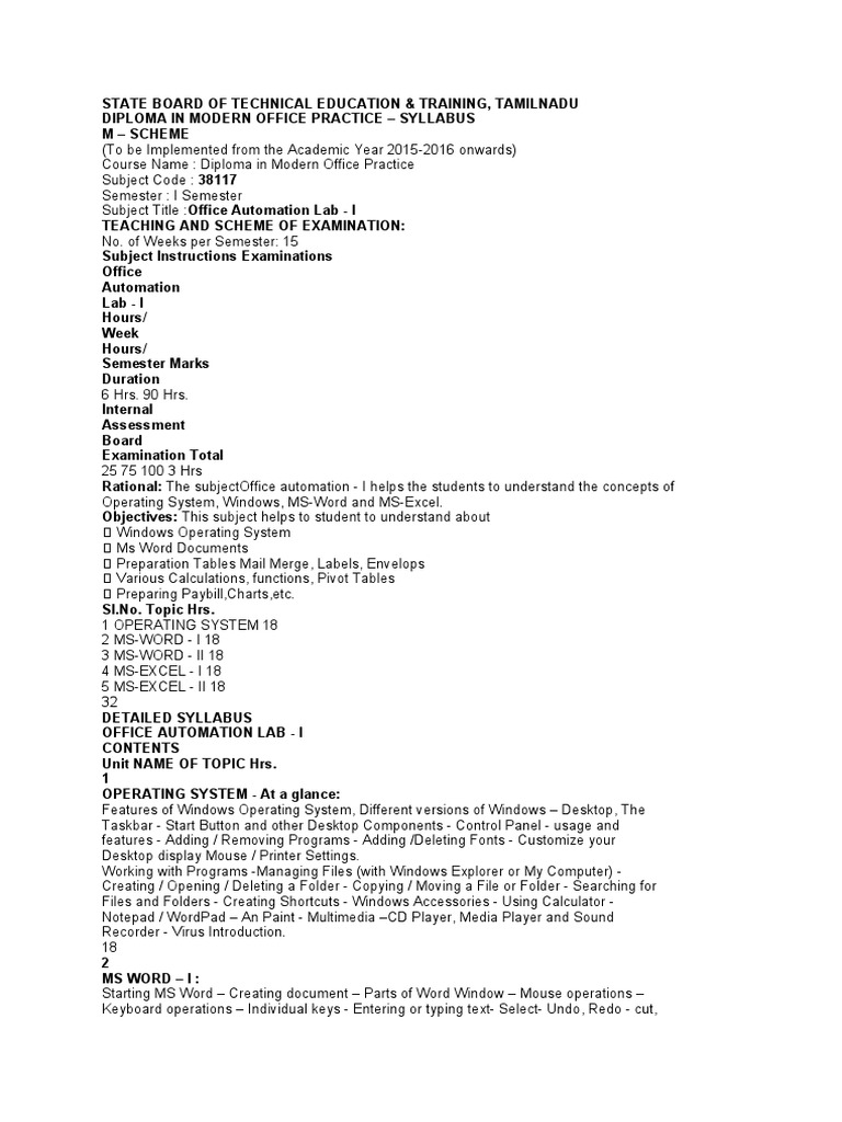 Syllabus for Diploma in Modern Office Practice - Office Automation Lab - I: An Introduction to ...