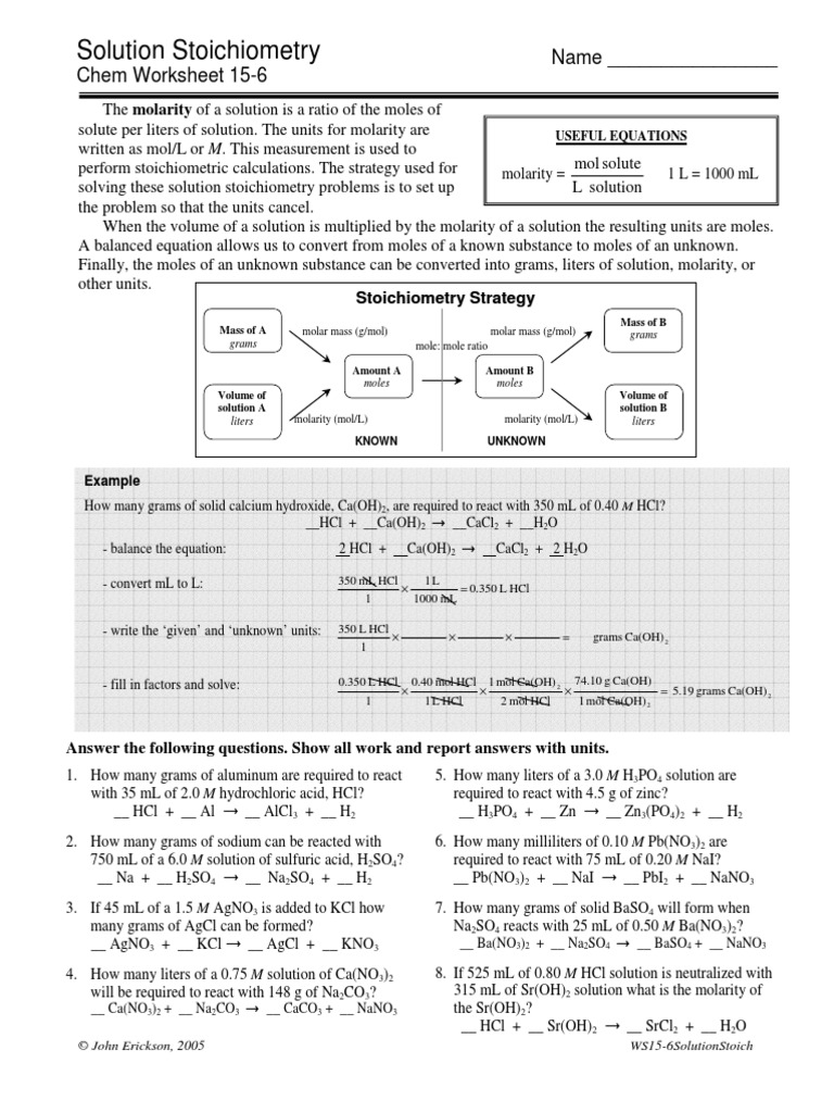 Solution Stoichiometry Worksheet PDF | PDF | Mole (Unit) | Stoichiometry