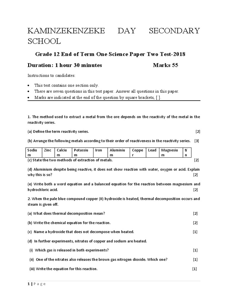 2018 Science Paper 2 Grade 12 | PDF | Metals | Chemical Reactions