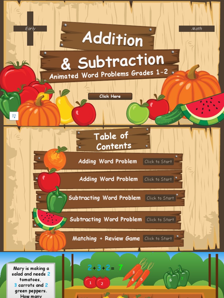 Early Addition Subtraction Animated Word Problems Game | PDF