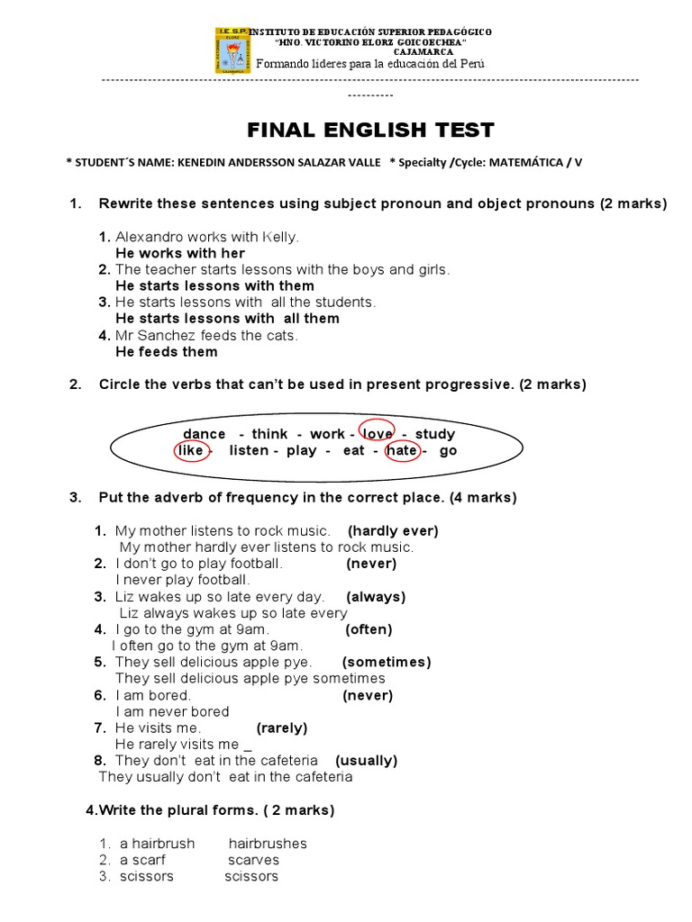 Final English Test: Student S Name: Kenedin Andersson Salazar Valle ...