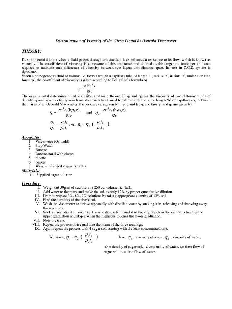 Viscosity Determination via Ostwald Viscometer | PDF | Viscosity | Density