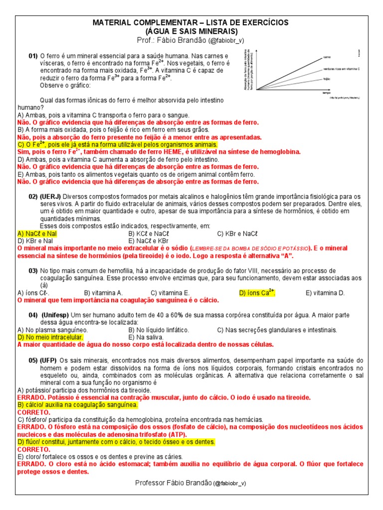 Lista De Exercícios Sobre água E Sais Minerais Pdf Potencial De