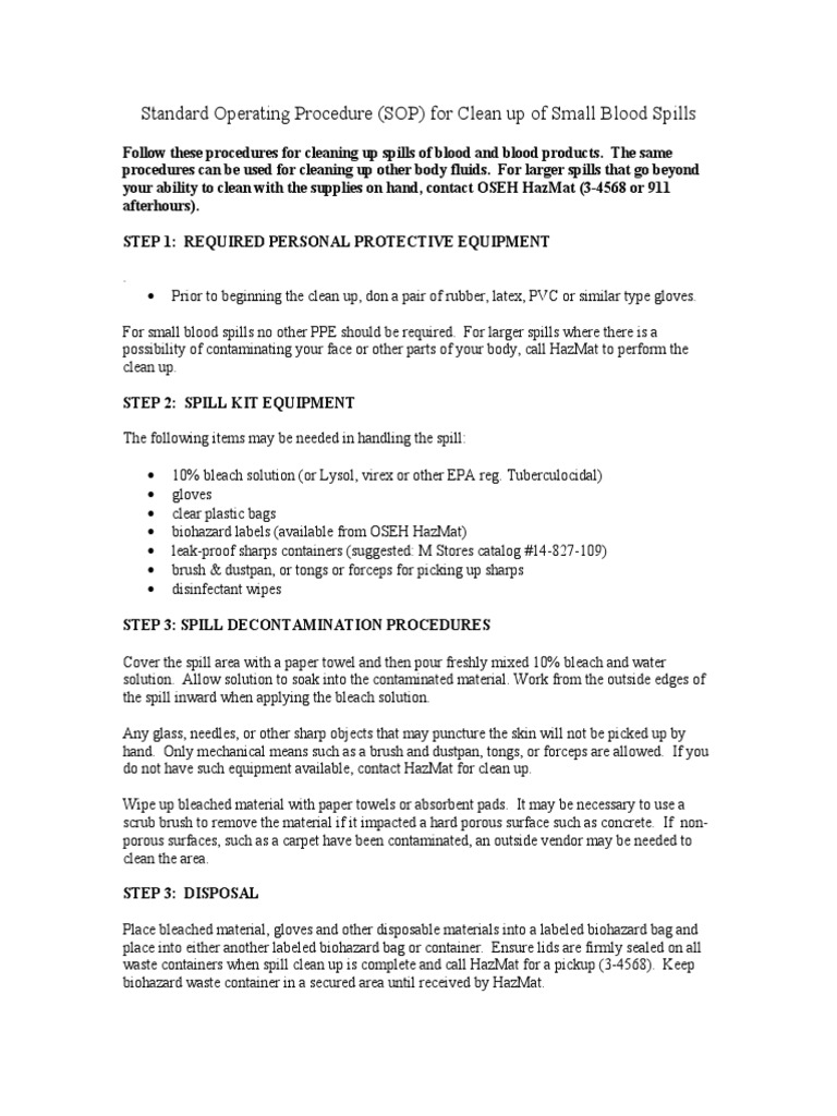 Standard Operating Procedure (SOP) For Clean Up of Small Blood Spills ...