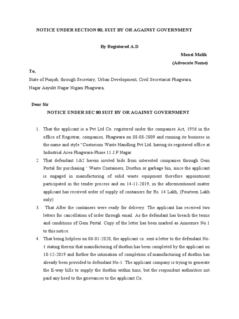 Notice Under Section 80, Suit by or Against Government | PDF | Justice ...