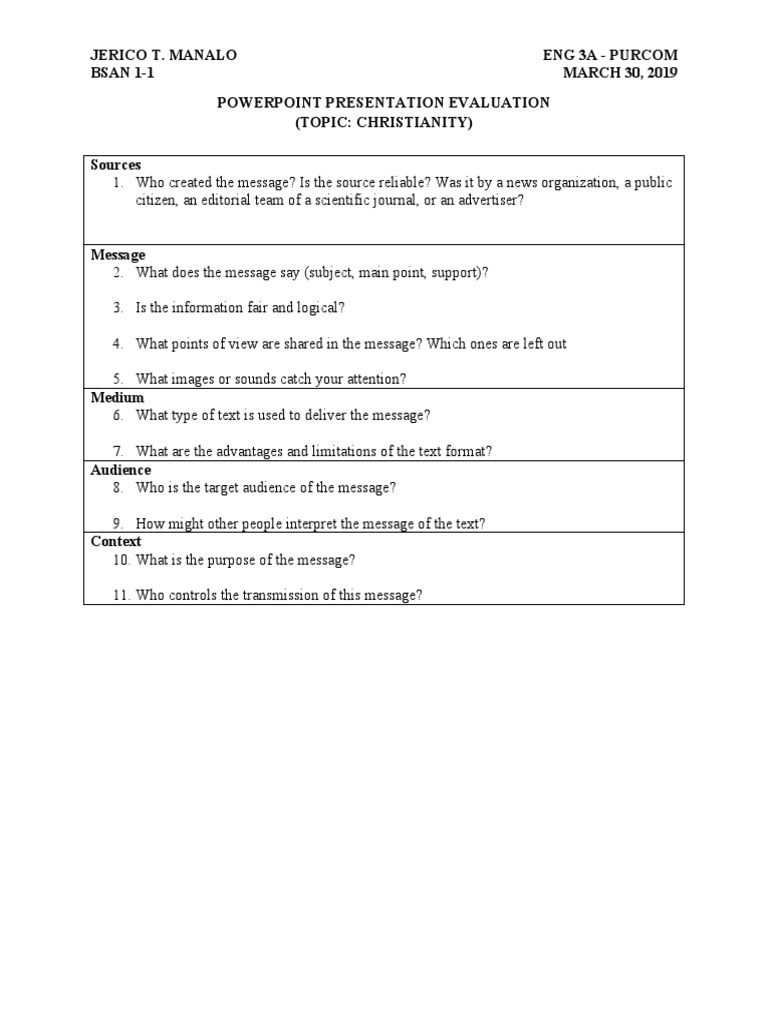 Powerpoint Presentation Evaluation | PDF | Self-Improvement | Science & Mathematics