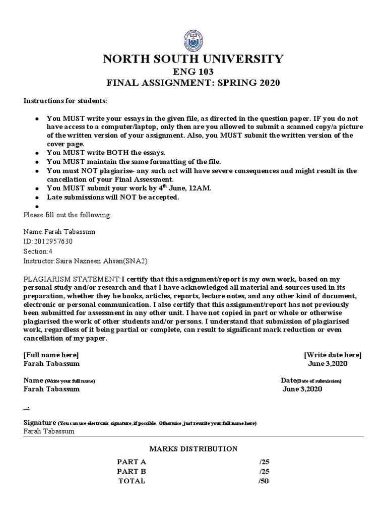 North South University: ENG 103 Final Assignment: Spring 2020 | PDF ...