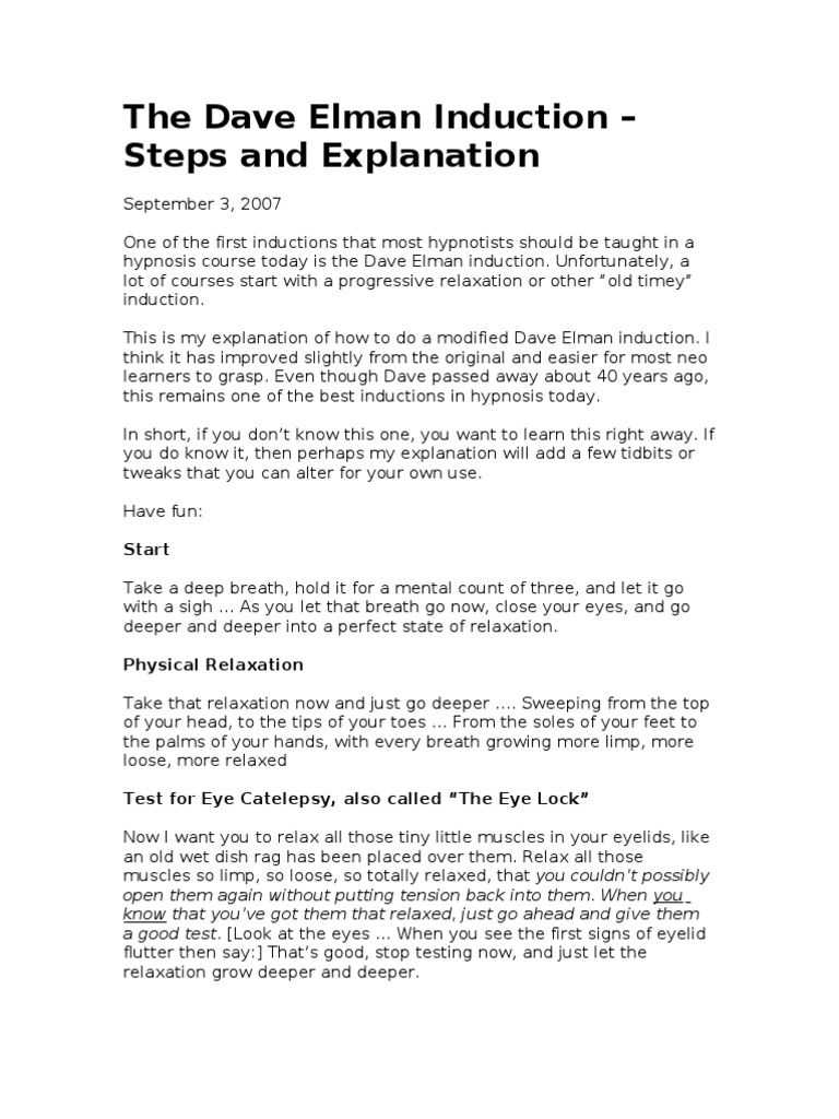 The Dave Elman Induction | PDF | Relaxation (Psychology) | Hypnosis