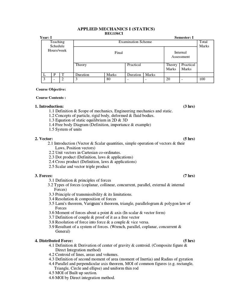 Applied Mechanics I: Statics Syllabus | PDF | Force | Euclidean Vector