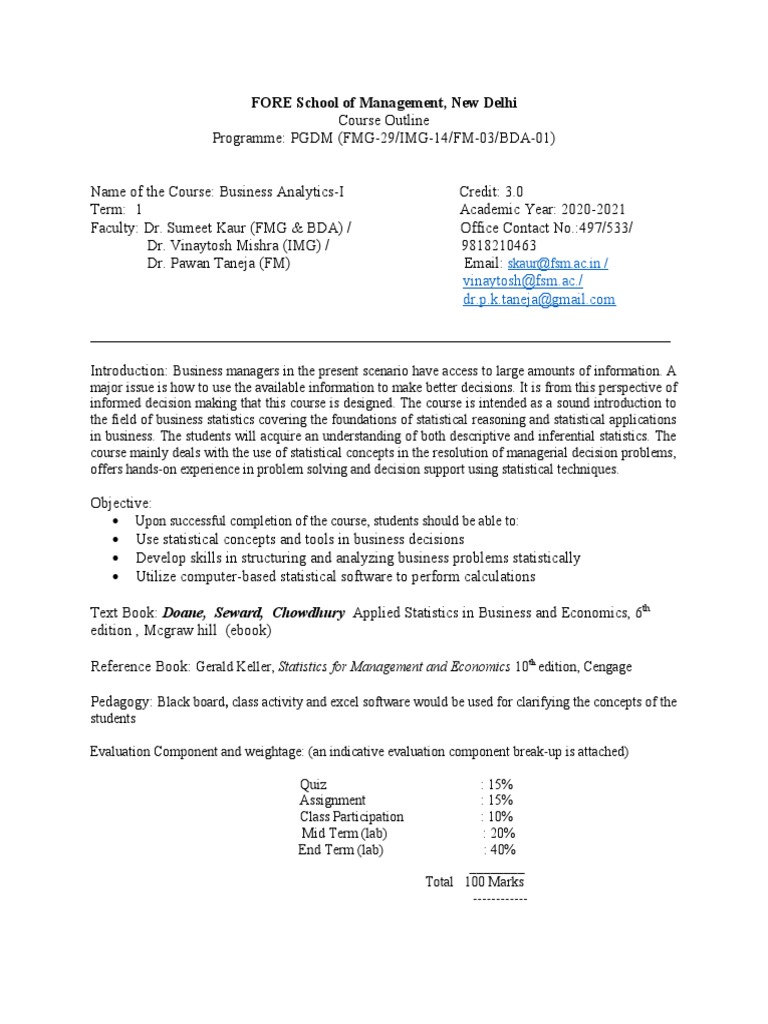 Business Analytics-I Course Outline 2020 | PDF | Regression Analysis ...