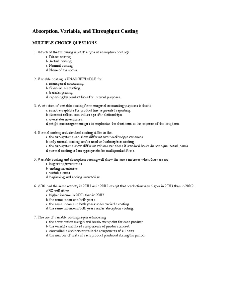 Absorption, Variable, and Throughput Costing: Multiple Choice Questions | PDF | Cost Of Goods ...