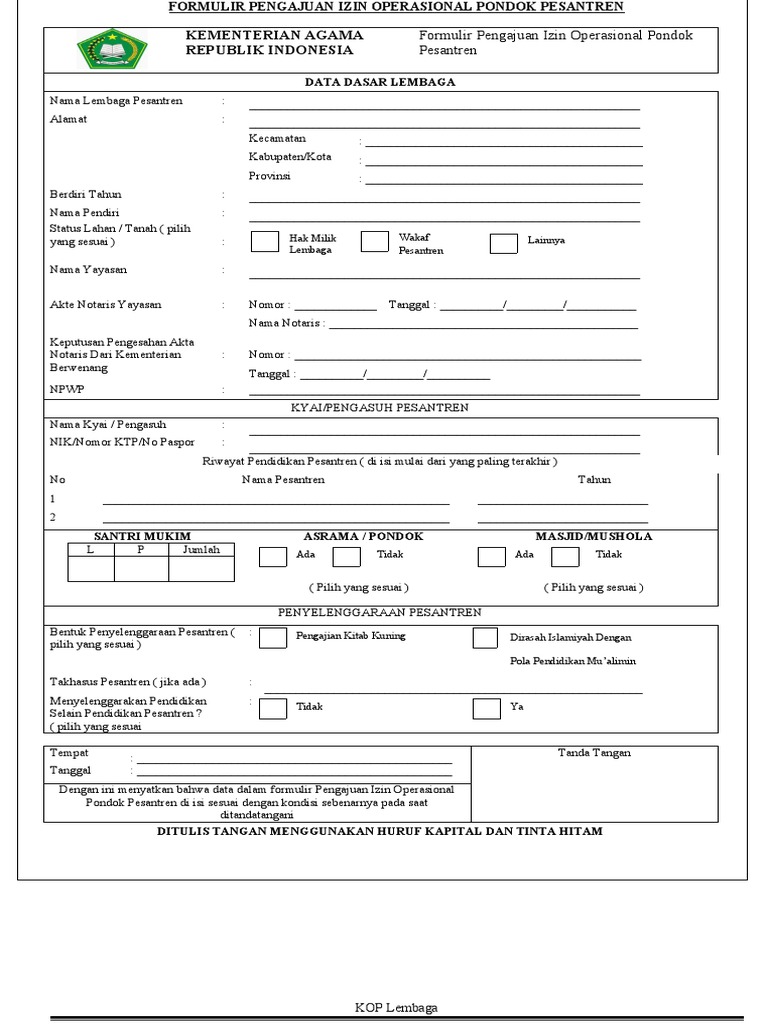 Form Pengajuan Izin Ponpes/Formulir Pengajuan Ijin Operasional | PDF