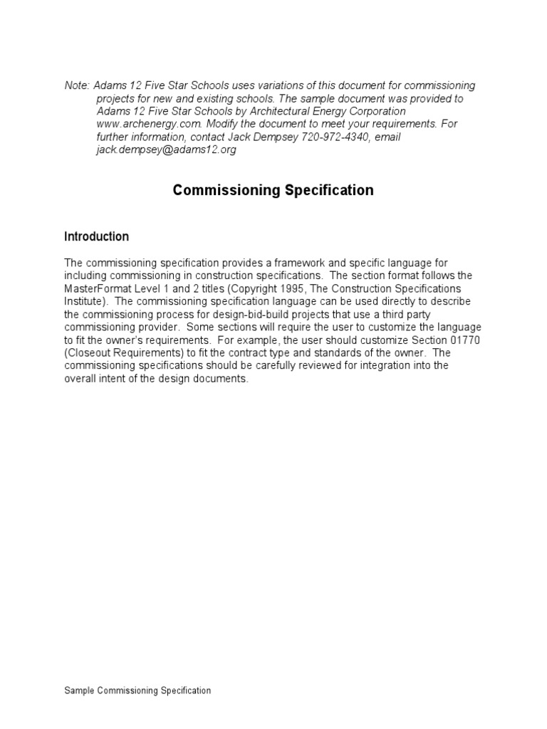 Sample Commissioning Spec Aec | PDF | Specification (Technical Standard) | Computing And ...