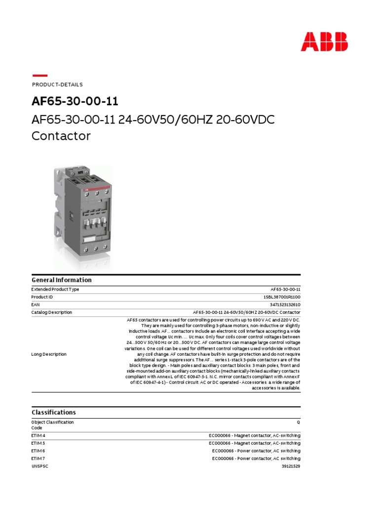 Ficha Tecnica Contactor 65a | PDF | Inductor | Alternating Current