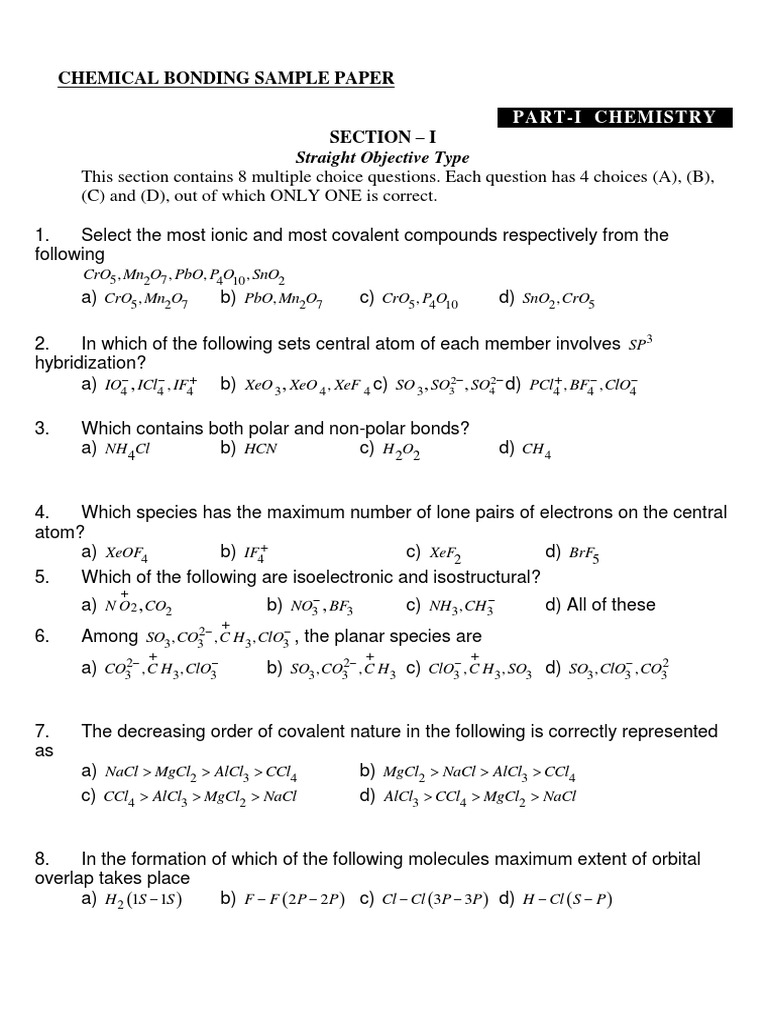 Chemical Bonding Sample Paper | PDF | Ion | Ionic Bonding