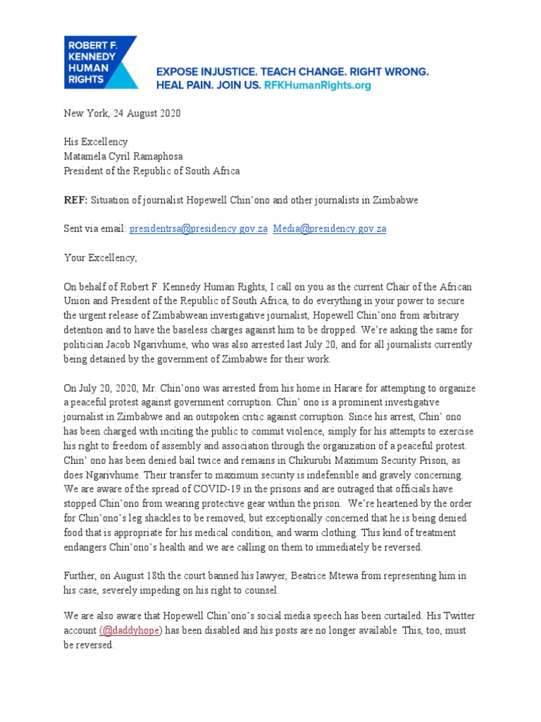 RFK Letter To President Ramaphosa Re. Chin' Ono | PDF | Zimbabwe ...