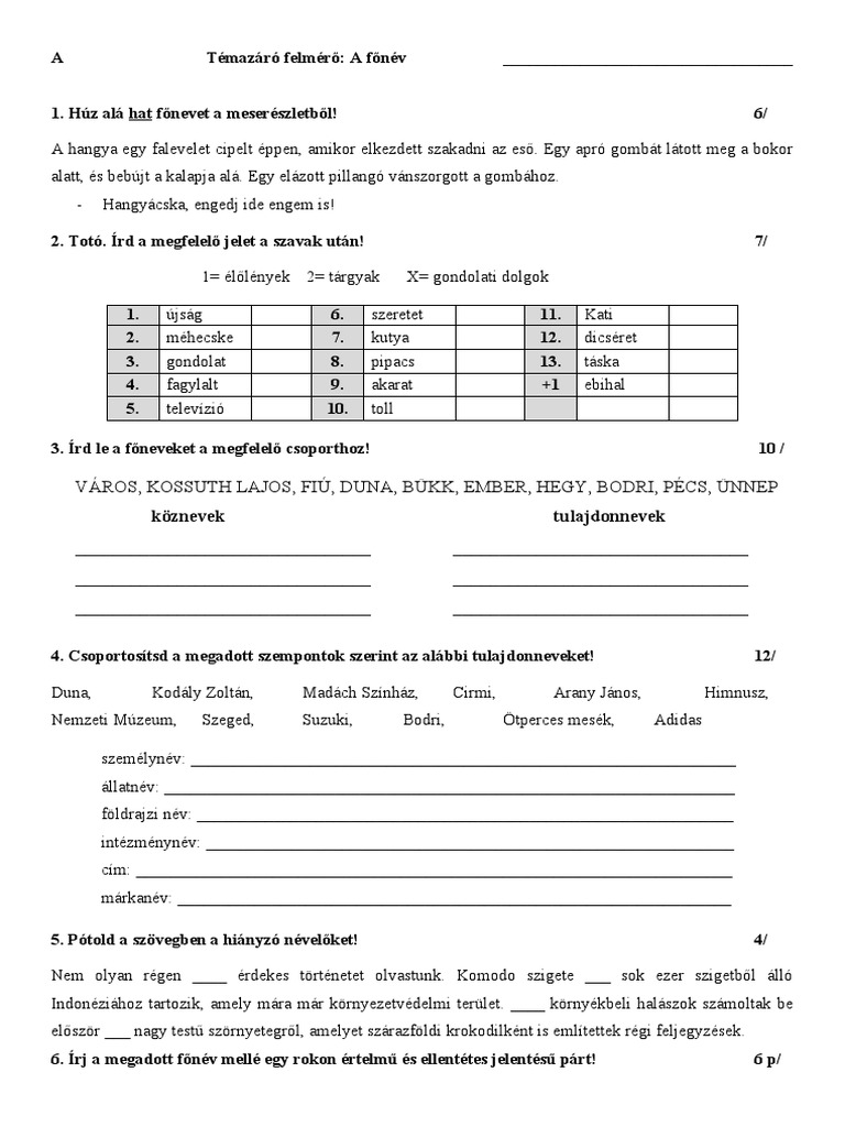 3.oszt_Nyelvtan_Főnevek Felmérő A | PDF