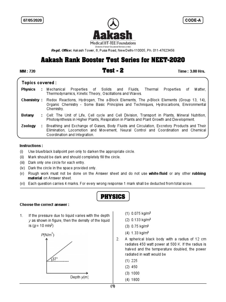 Aakash Rank Booster Test Series For NEET-2020 | PDF | Gases | Waves