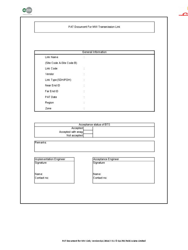 MW Transmission Link PAT Checklist - Reviewed - V1 | PDF | Ethernet ...