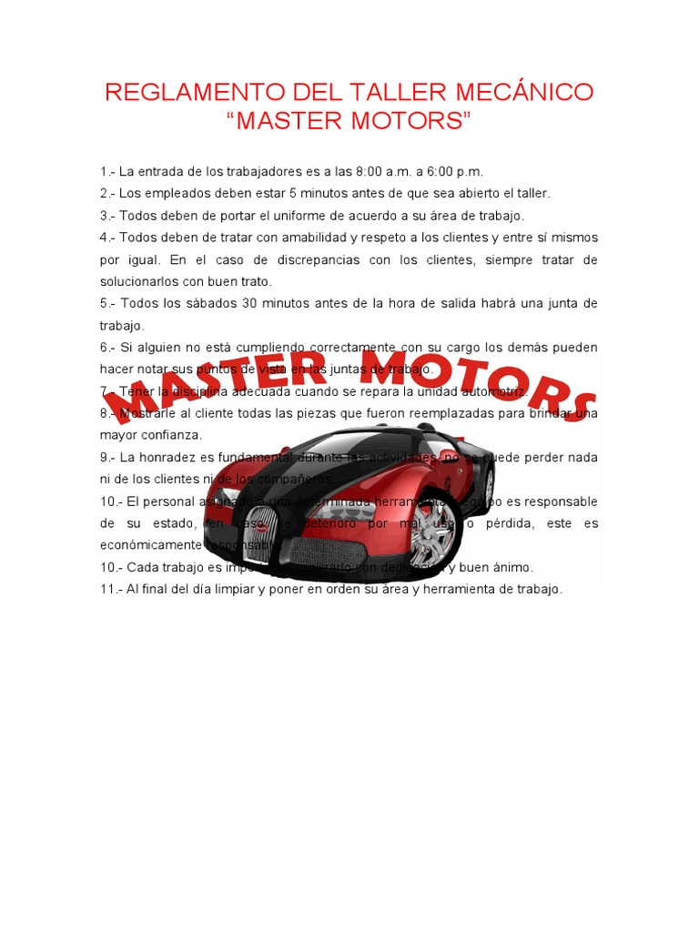 Reglamento Del Taller Mecánico | PDF