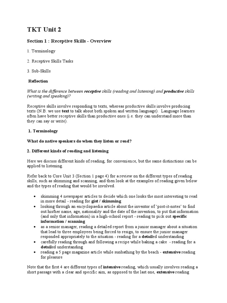 TKT Unit 2: Section 1: Receptive Skills - Overview | PDF | Fluency ...