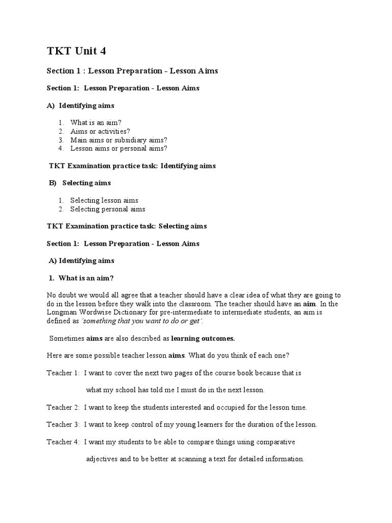 TKT Unit 4: Section 1: Lesson Preparation - Lesson Aims | PDF | Lesson ...