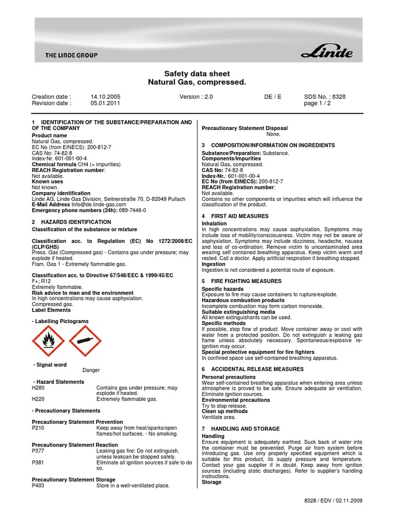 Natural Gas SDS Linde EU Format HiQ Jan 2011 - tcm899-92364 | PDF ...