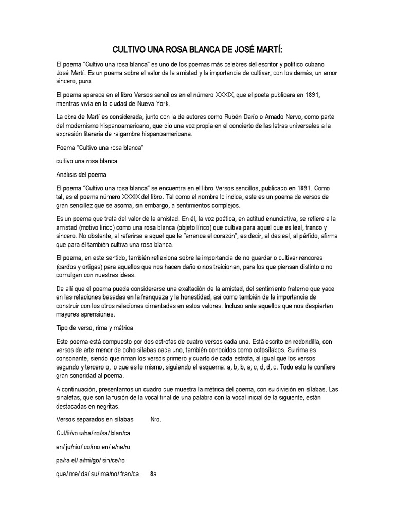 Cultivo Una Rosa Blanca de José Martí | PDF | Metro (poesía) | Metáfora
