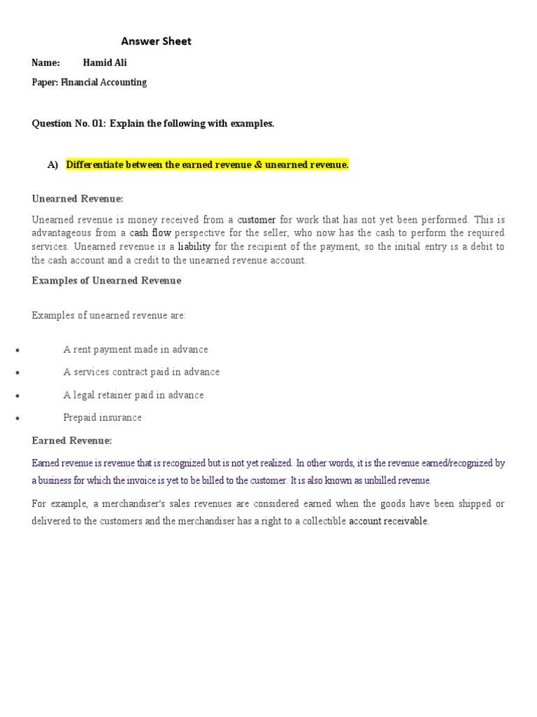 Accounting Answer Sheet | PDF | Debits And Credits | Expense
