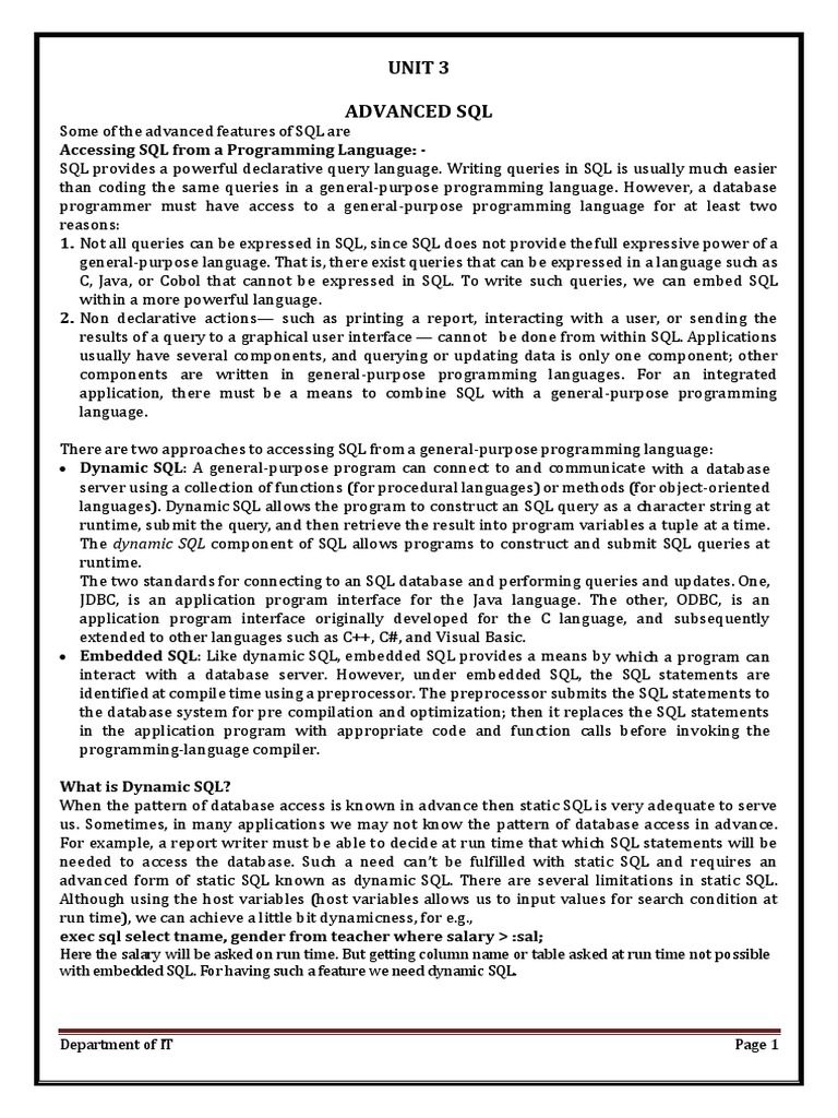 Unit 3 Advanced SQL | PDF | Conceptual Model | Relational Database